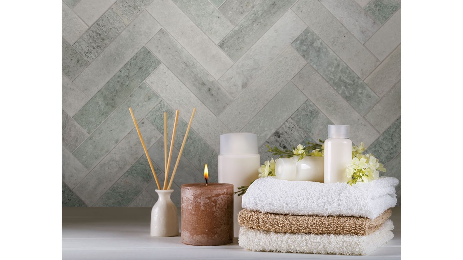 Artemis Ming Green Herringbone 35x150mm Honed Tile | Harvey Norman