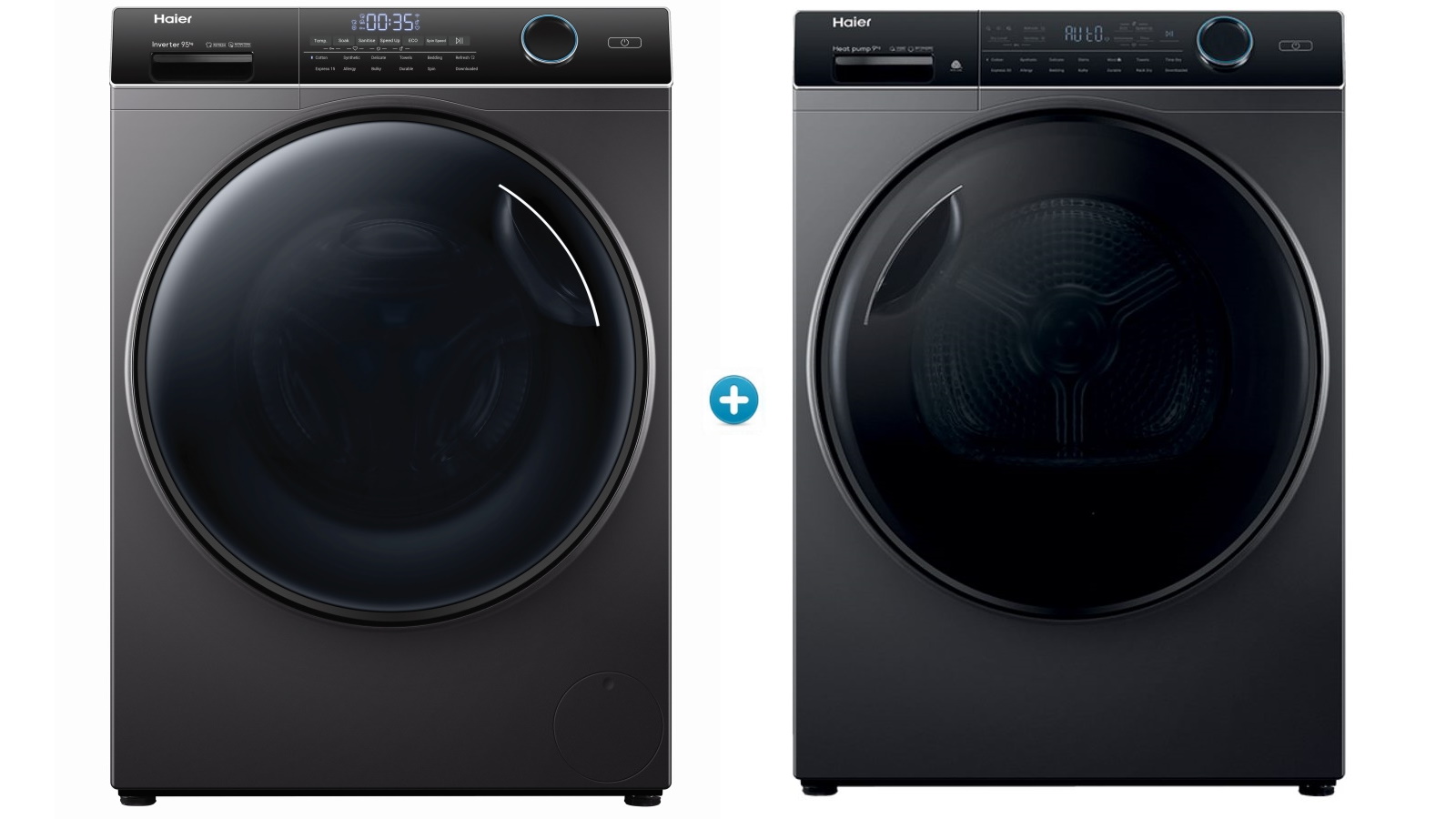 Haier 9.5kg Black Front Load Washing Machine plus 9kg Dark Heat Pump ...