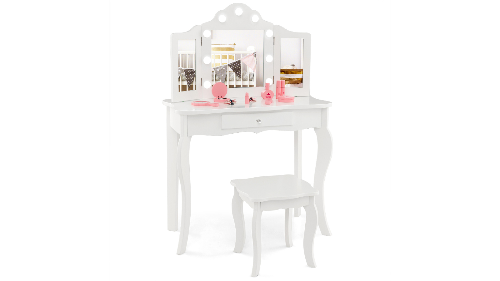 Costway 2-in-1 Princess Vanity Table/Stool Set with Tri-Folding Mirror ...