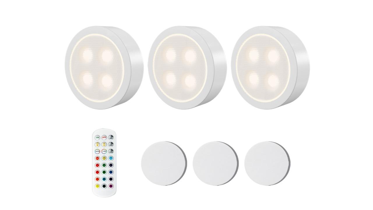Emitto 3 Piece Wireless LED Puck Lights with Remote Control | Harvey Norman
