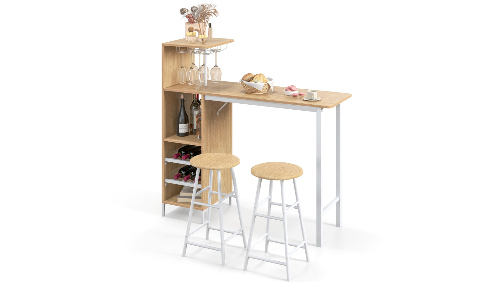 Costway 120cm 3 Piece Bar Table and Stools Set with Glass Holders and ...