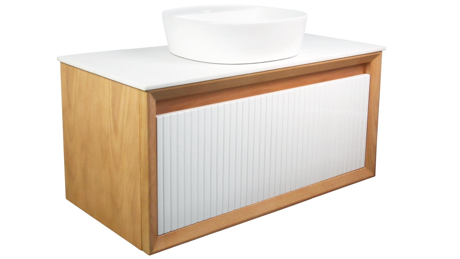 Ledin Oasis 900mm Ashwood/White Wall Hung Drawer Unit Vanity with Solid Surface Top and Ceramic ...