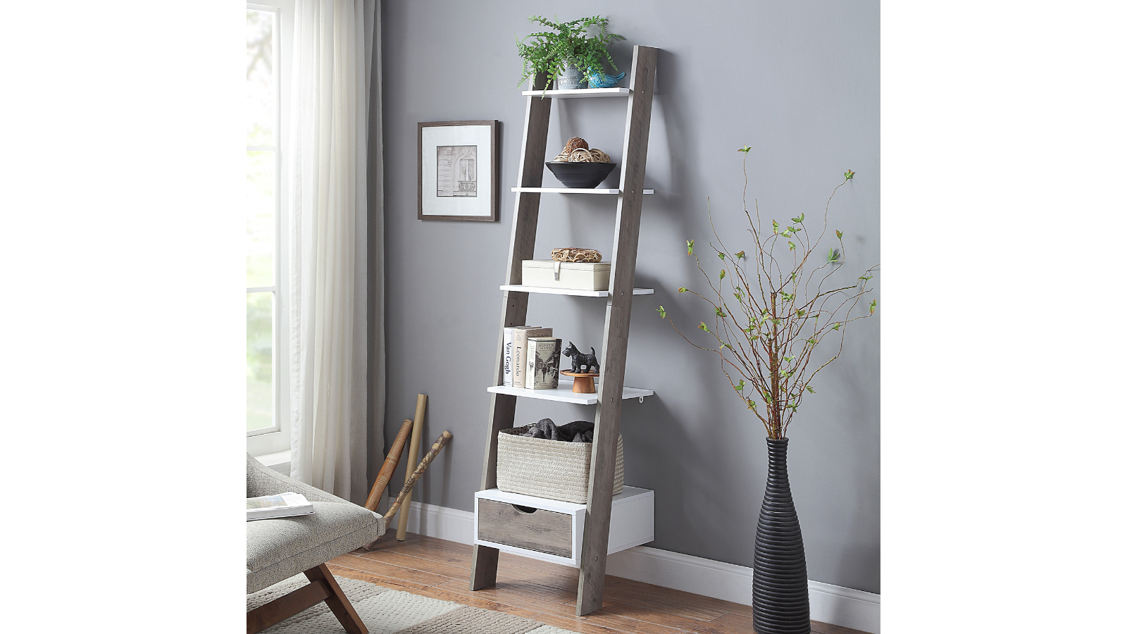 Sarantino 5-Tier Grey Oak Ladder Shelf | Harvey Norman