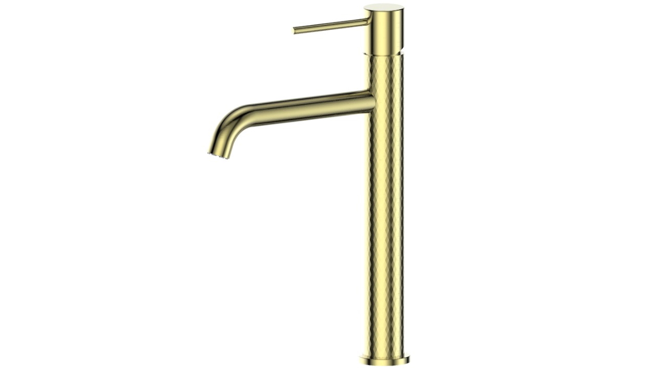 Greens Tesora Lead Free Tower Basin Mixer - Brushed Brass | Harvey Norman