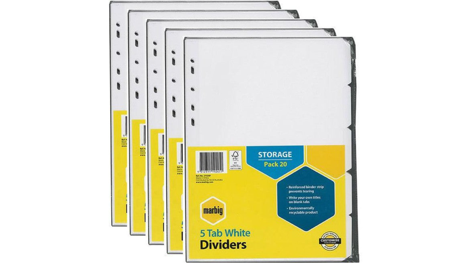 Marbig 37320F Pack of 100 Manilla 5-Tab A4 Divider - White | Harvey Norman