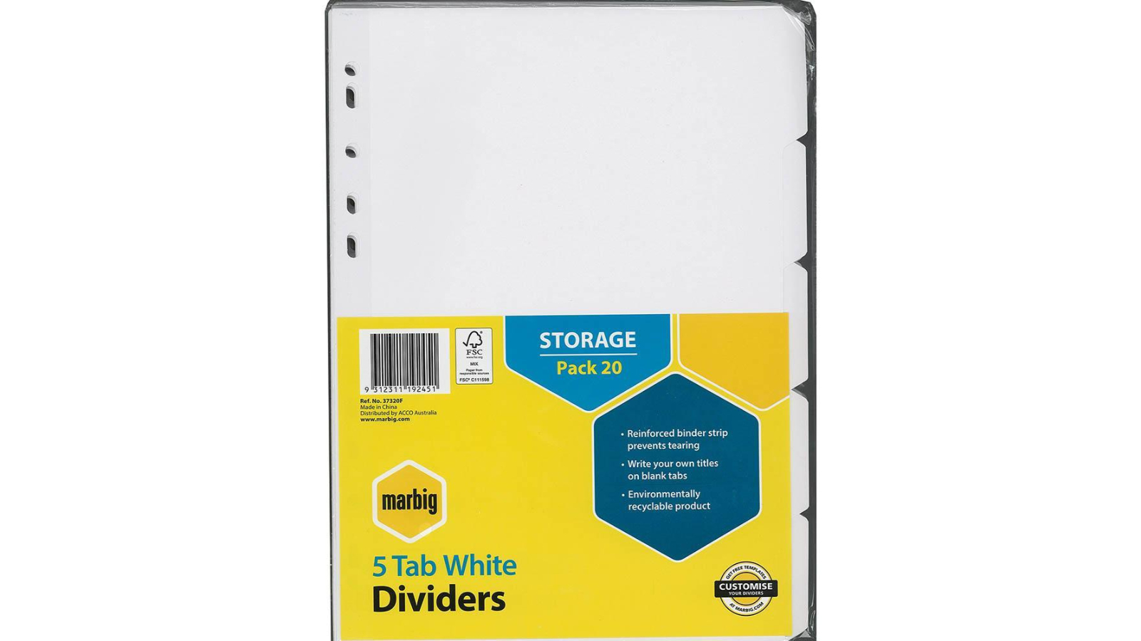 Marbig 37320F Pack of 20 Manilla 5-Tab A4 Divider - White | Harvey Norman