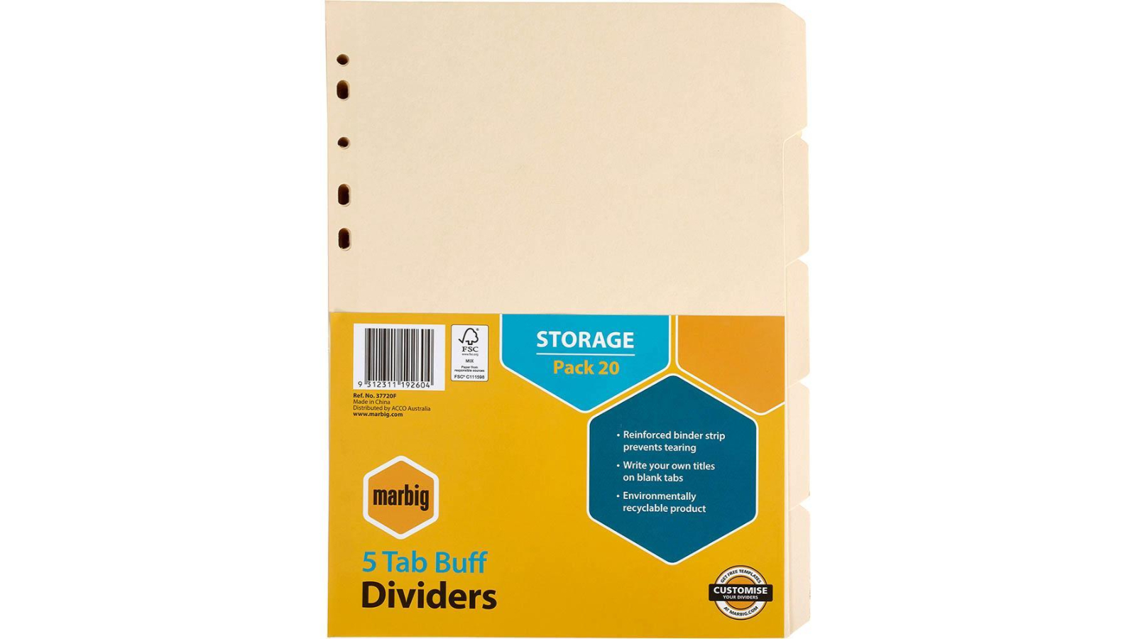 Marbig 37720F Pack of 20 Manilla 5-Tab Storage A4 Buff Divider | Harvey ...