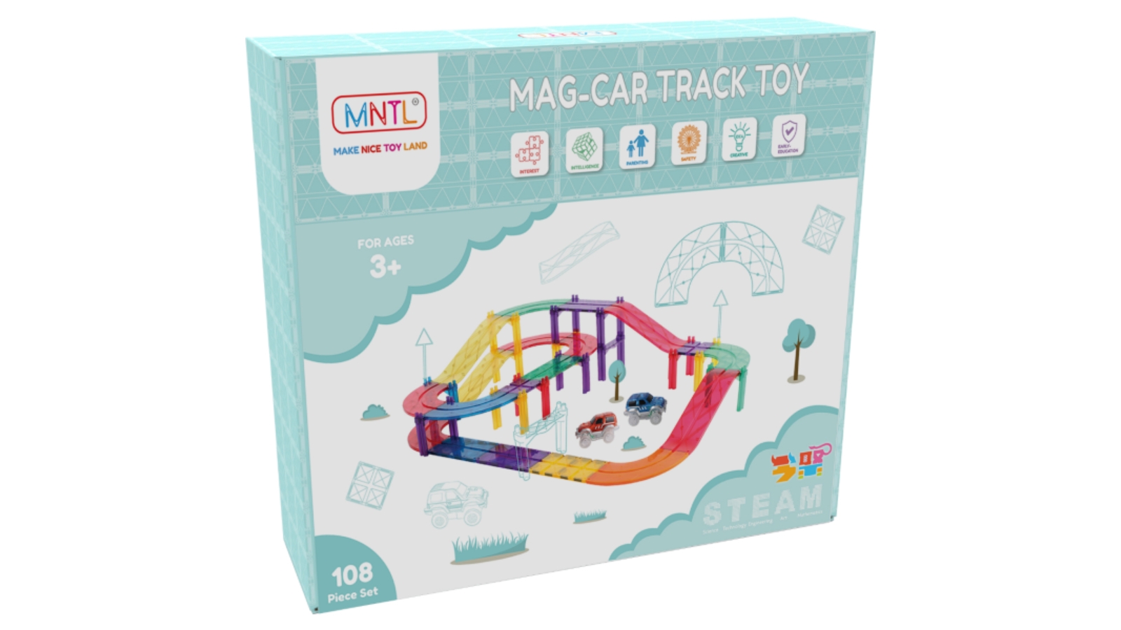 MNTL Magnetic Car Track Set - 108 Piece | Harvey Norman