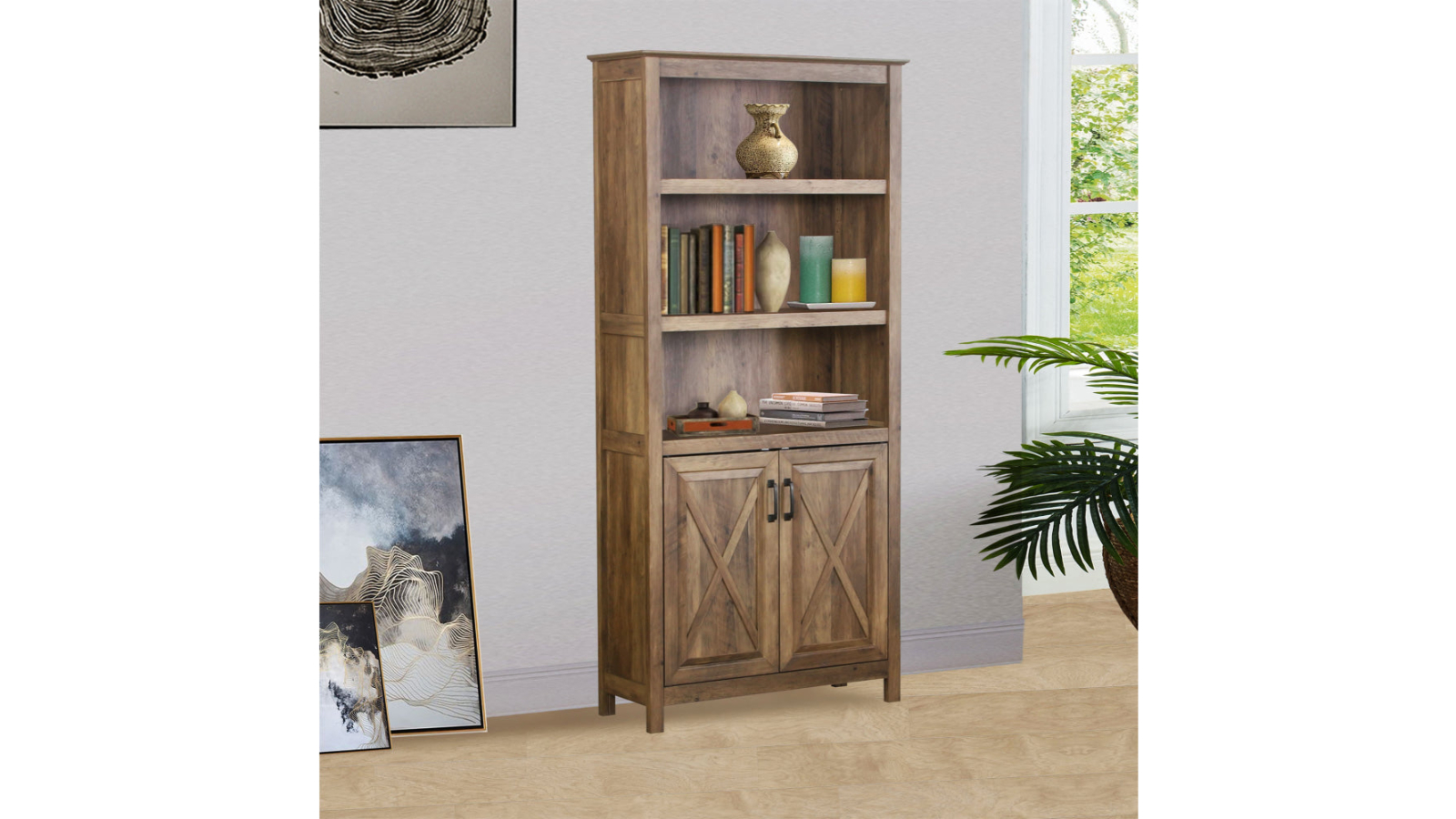Maestro Furniture Rustic Oak Nazma 5-Tier Display Shelves 2-Door ...