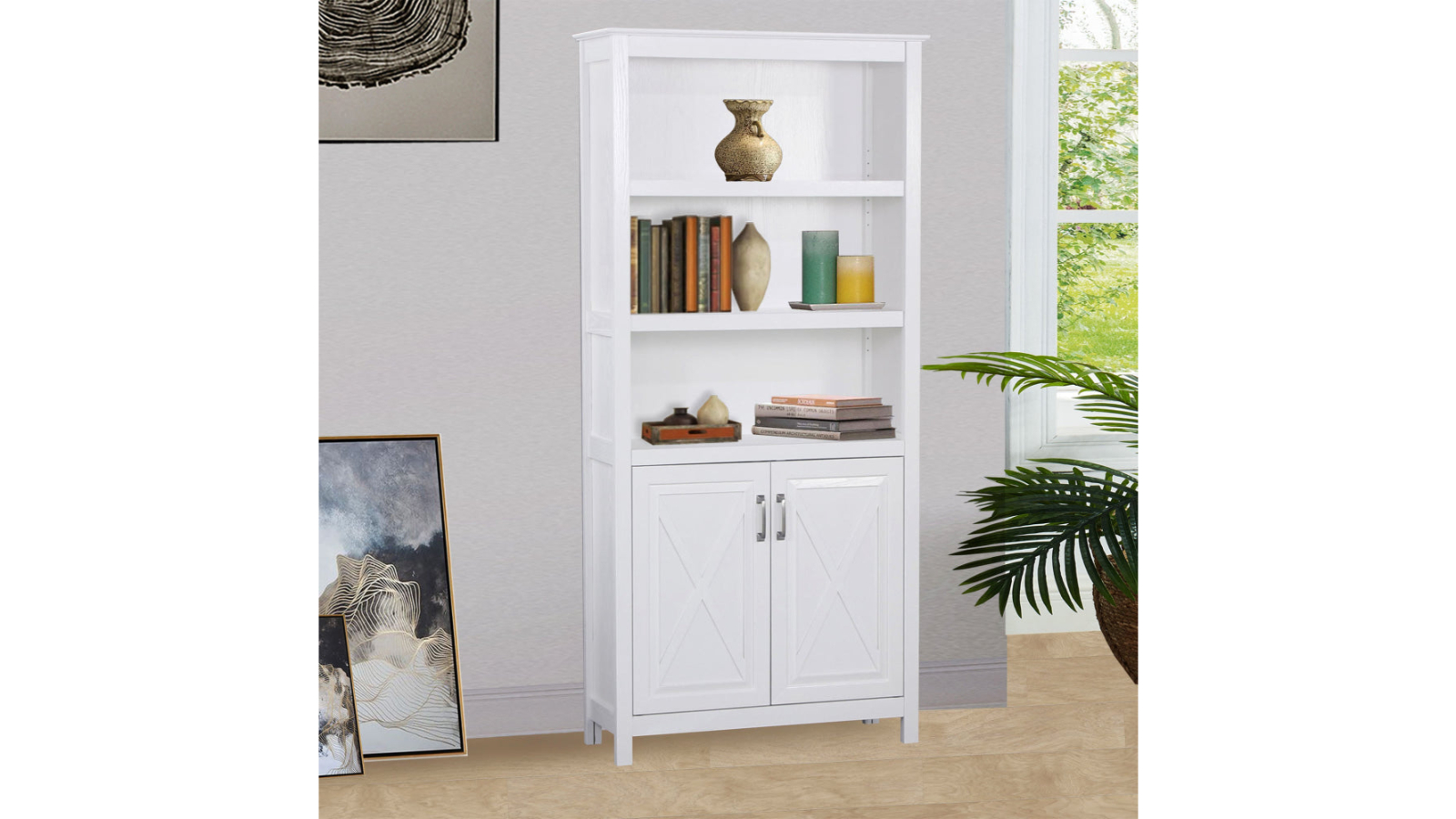 Maestro Furniture White Nazma 5-Tier Display Shelves 2-Door Bookcase ...