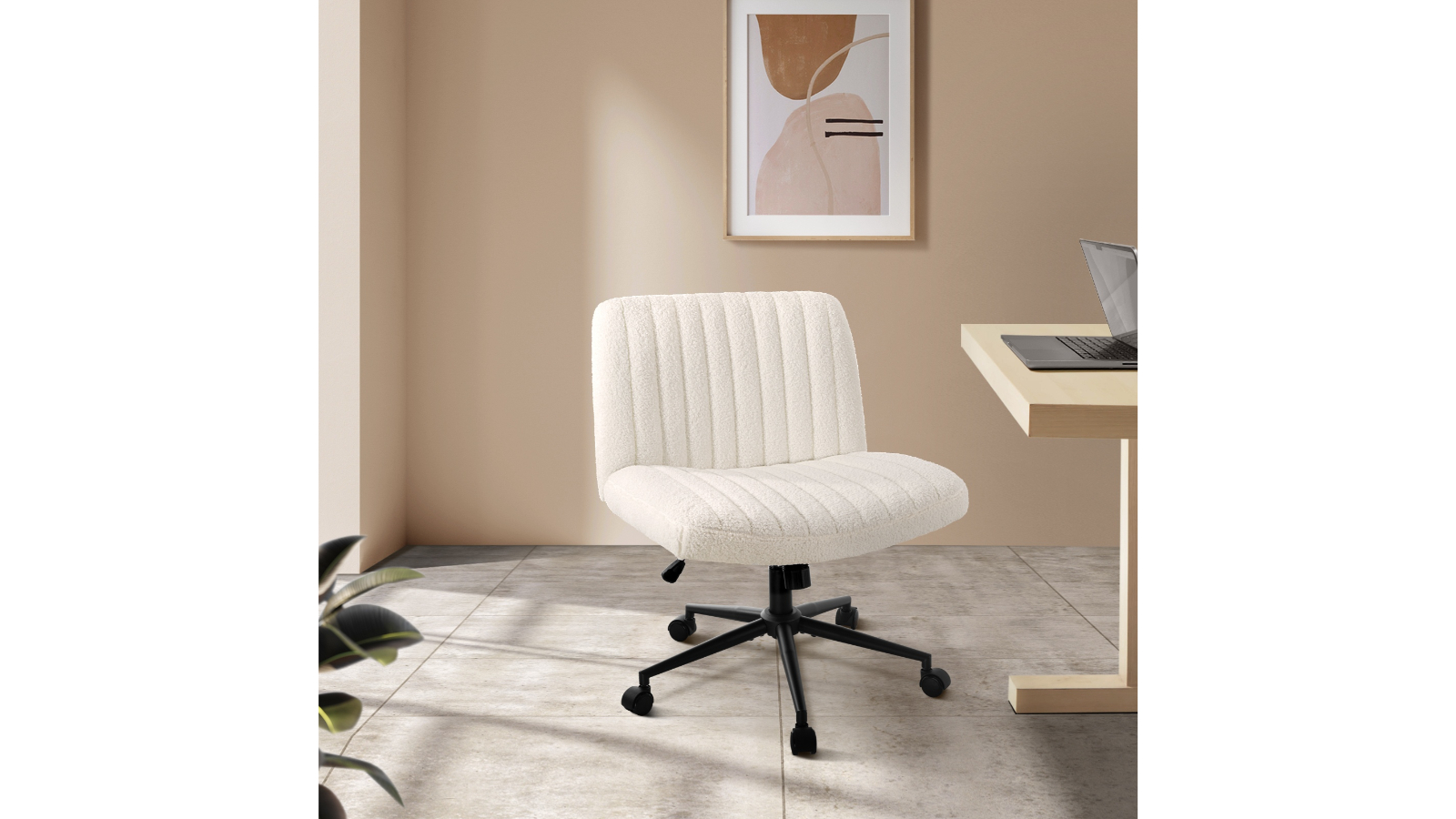 Oikiture Mid Back Armless Sherpa Office Chair with Wheels - White ...
