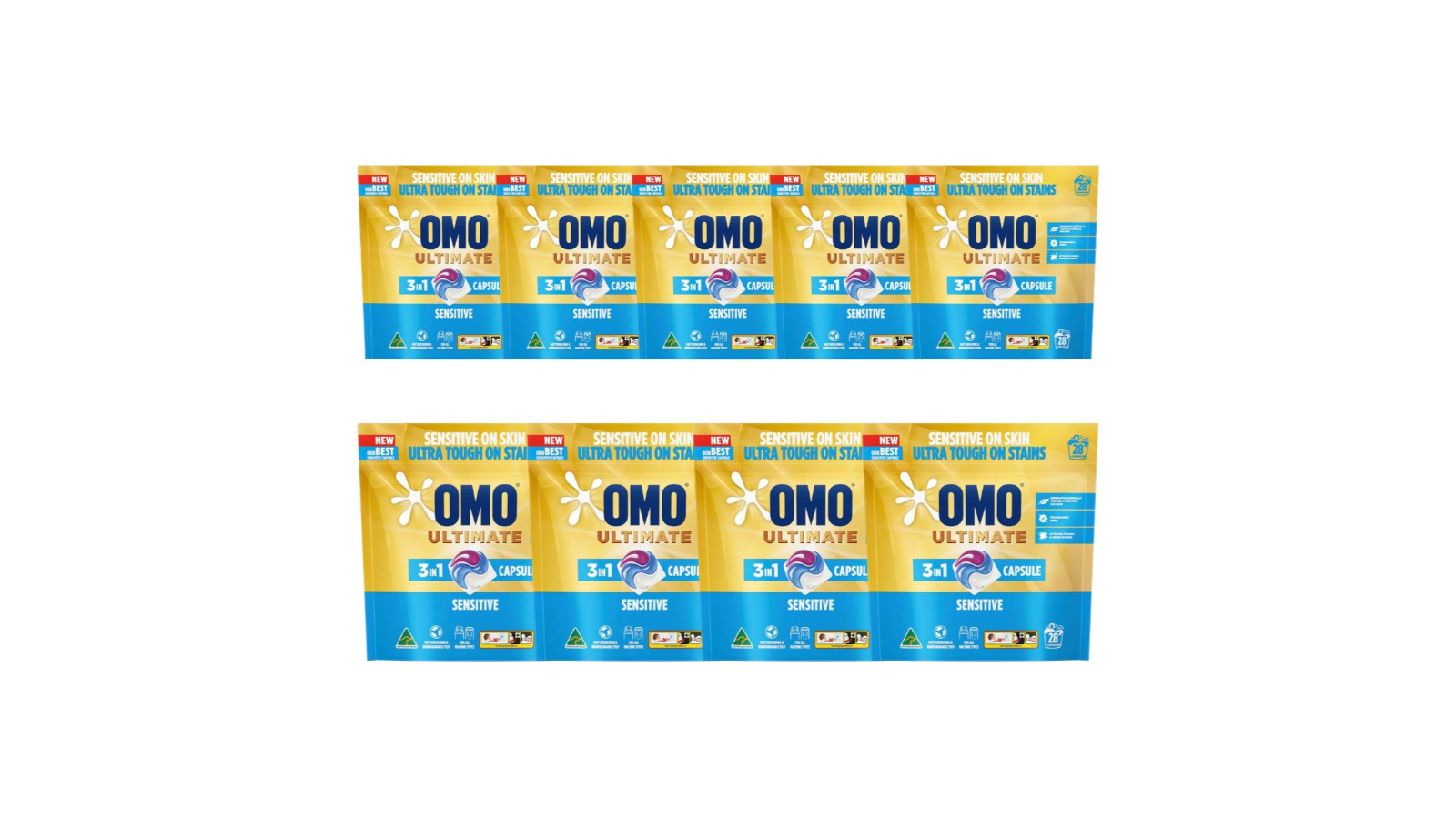 OMO Pack of 9 Ultimate Sensitive 3-in-1 Laundry Capsules 252 Tabs ...
