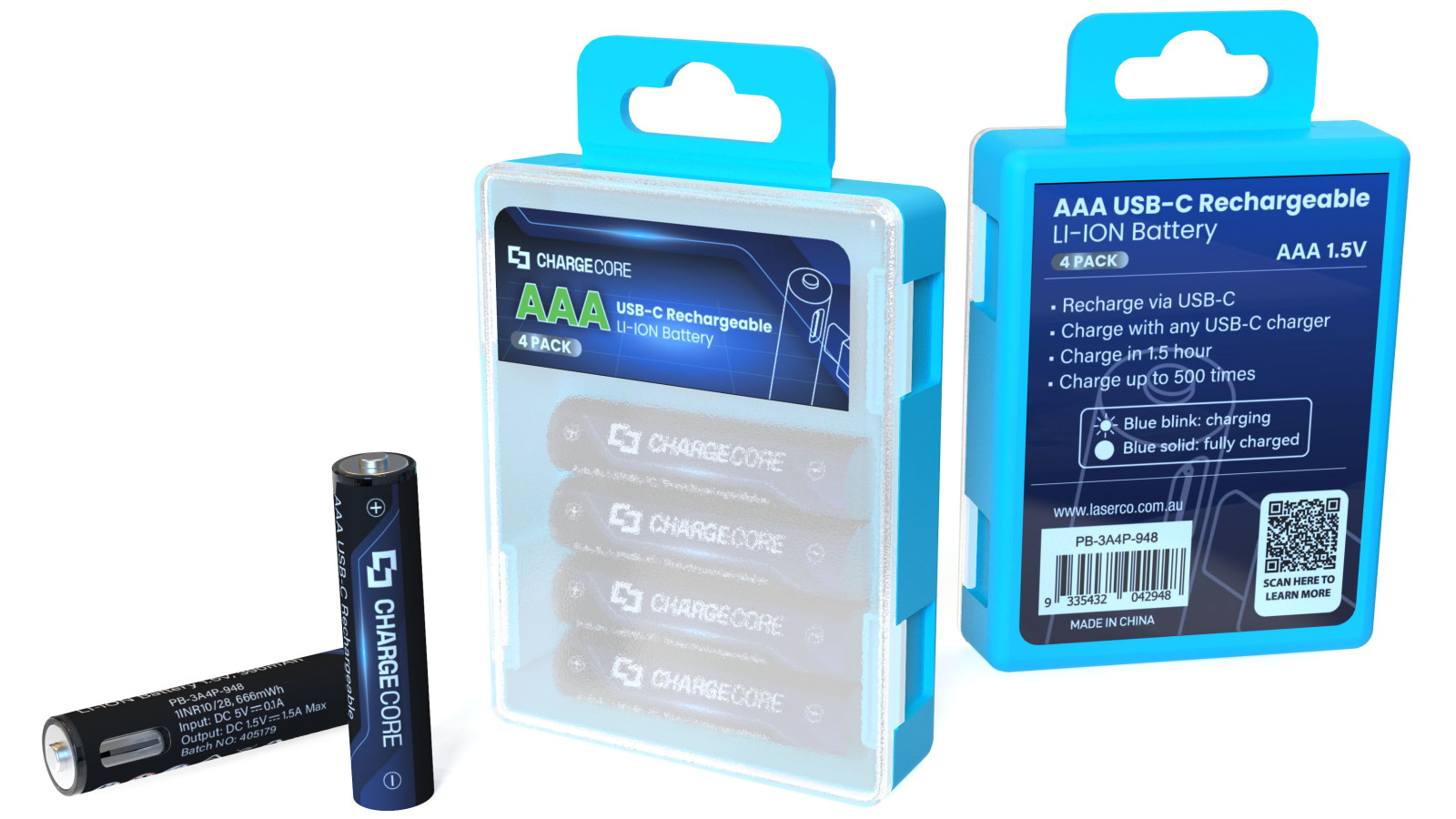 Laser ChargeCore 1.5V AAA USB-C Rechargeable Li-ion Battery - 4-Pack ...