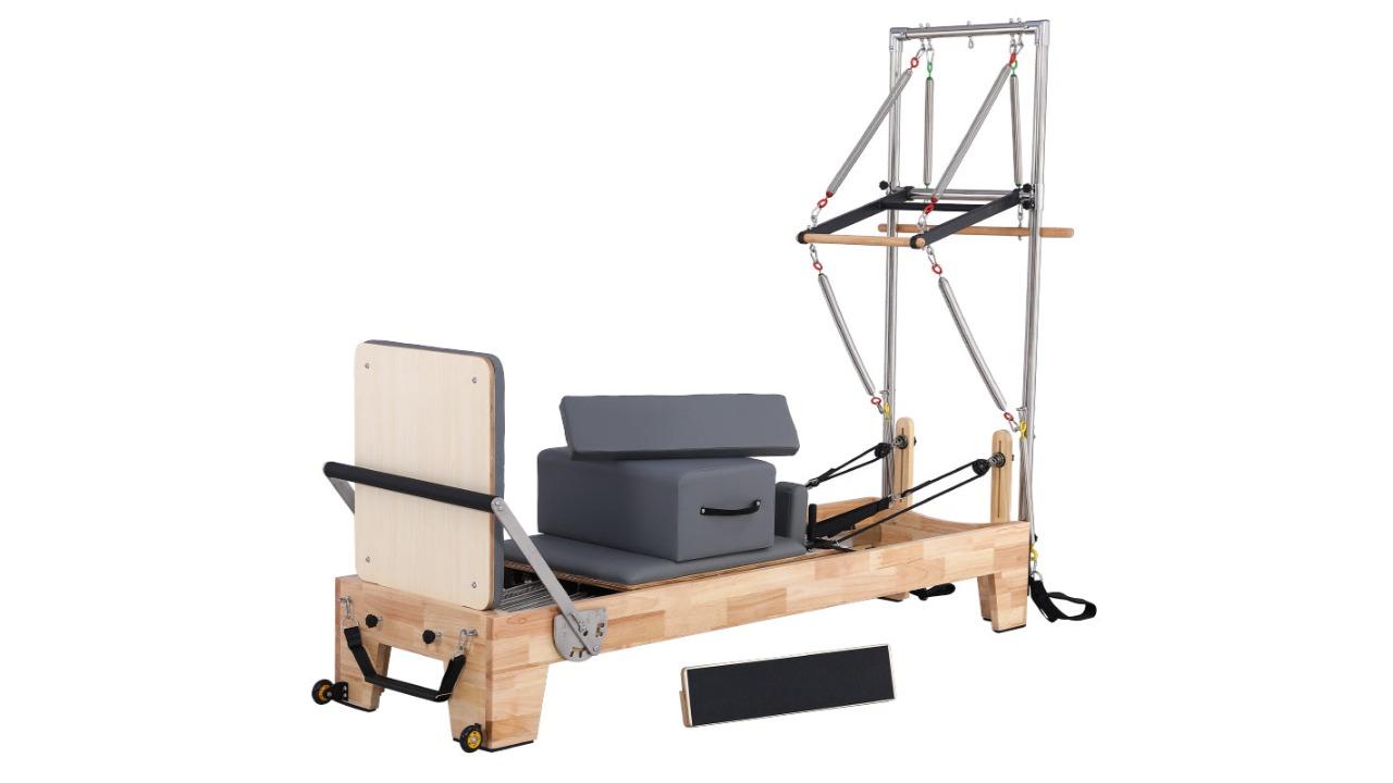 Eeeza Oak Wood Frame Reformer Pilates with Half Trapeze Table - Grey ...