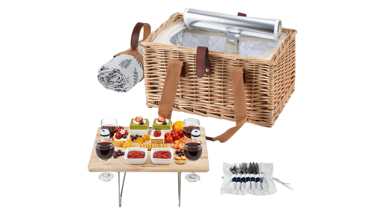 Alfresco 4 Person Wooden Picnic Basket Set with Table Blanket | Harvey ...