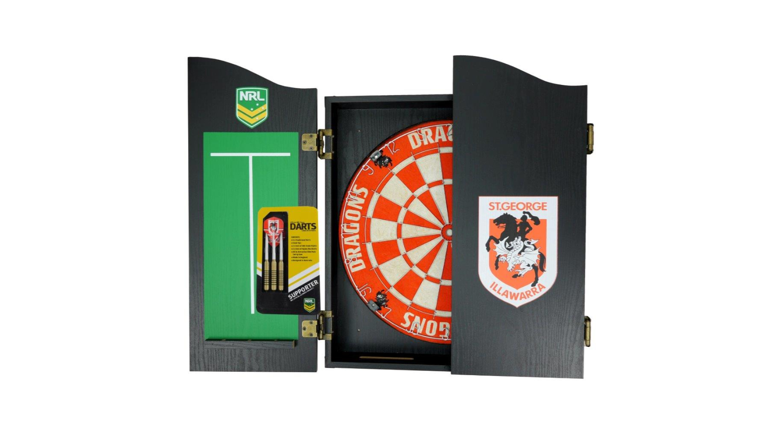 NRL St George Illawarra Dragon Dart Board and Cabinet Set | Harvey Norman