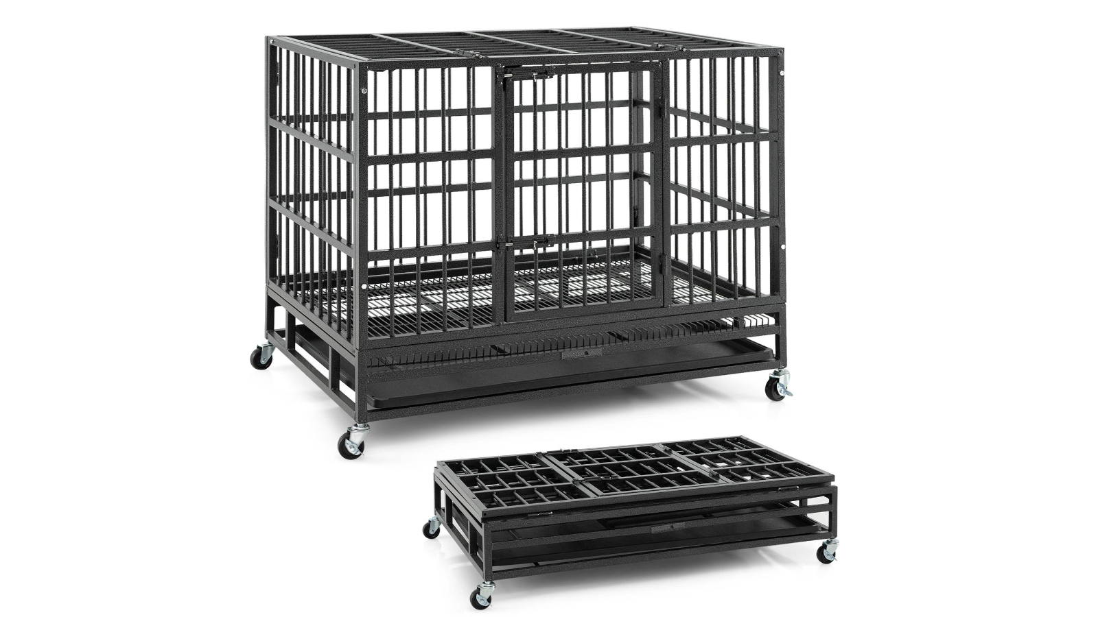 Costway Foldable Metal Chew-Proof Dog Kennel with Lockable Wheel - 96cm ...