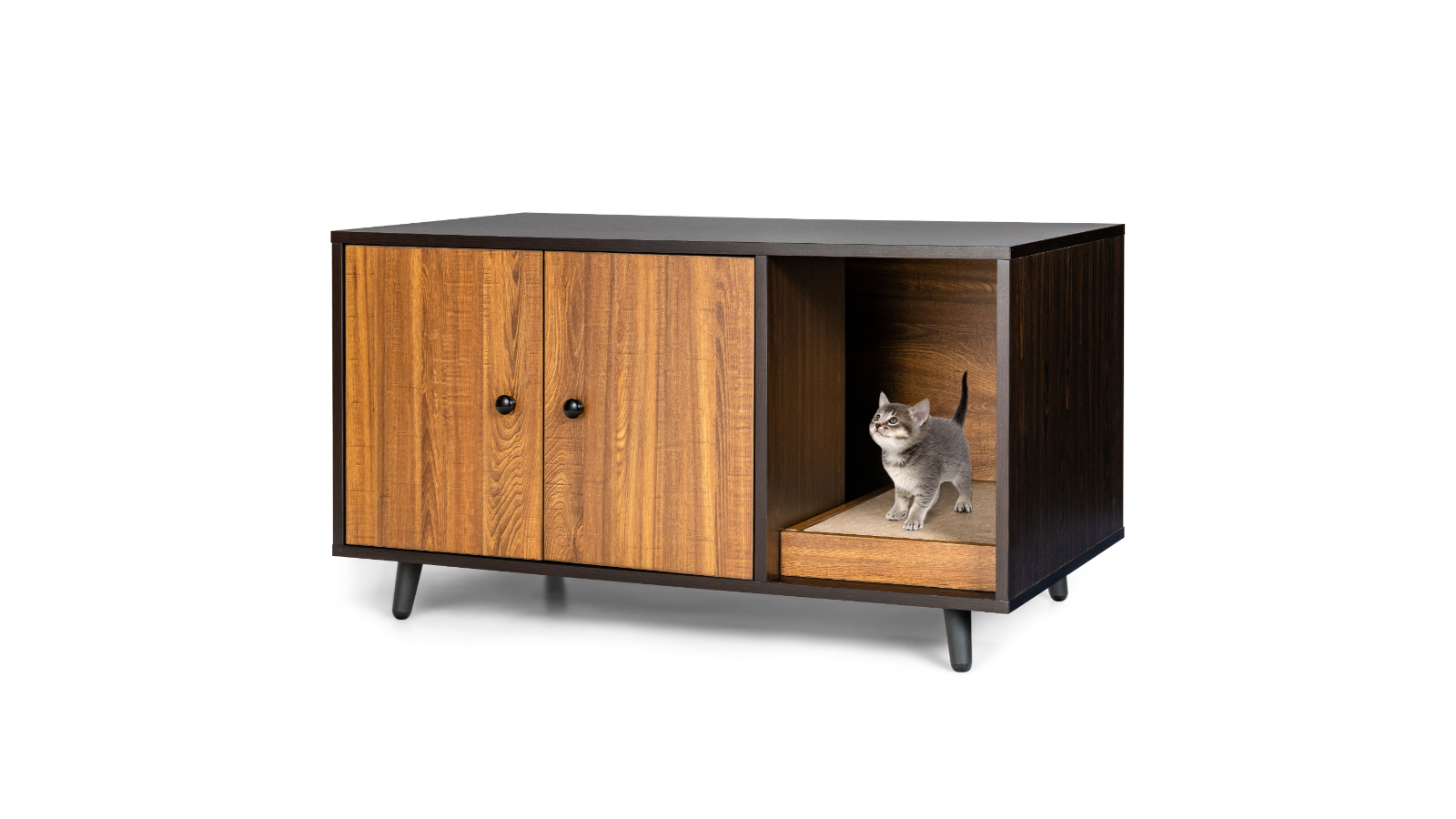 Costway Coffee Table Wood Cat Litter Cabinet House with 2-Door and ...