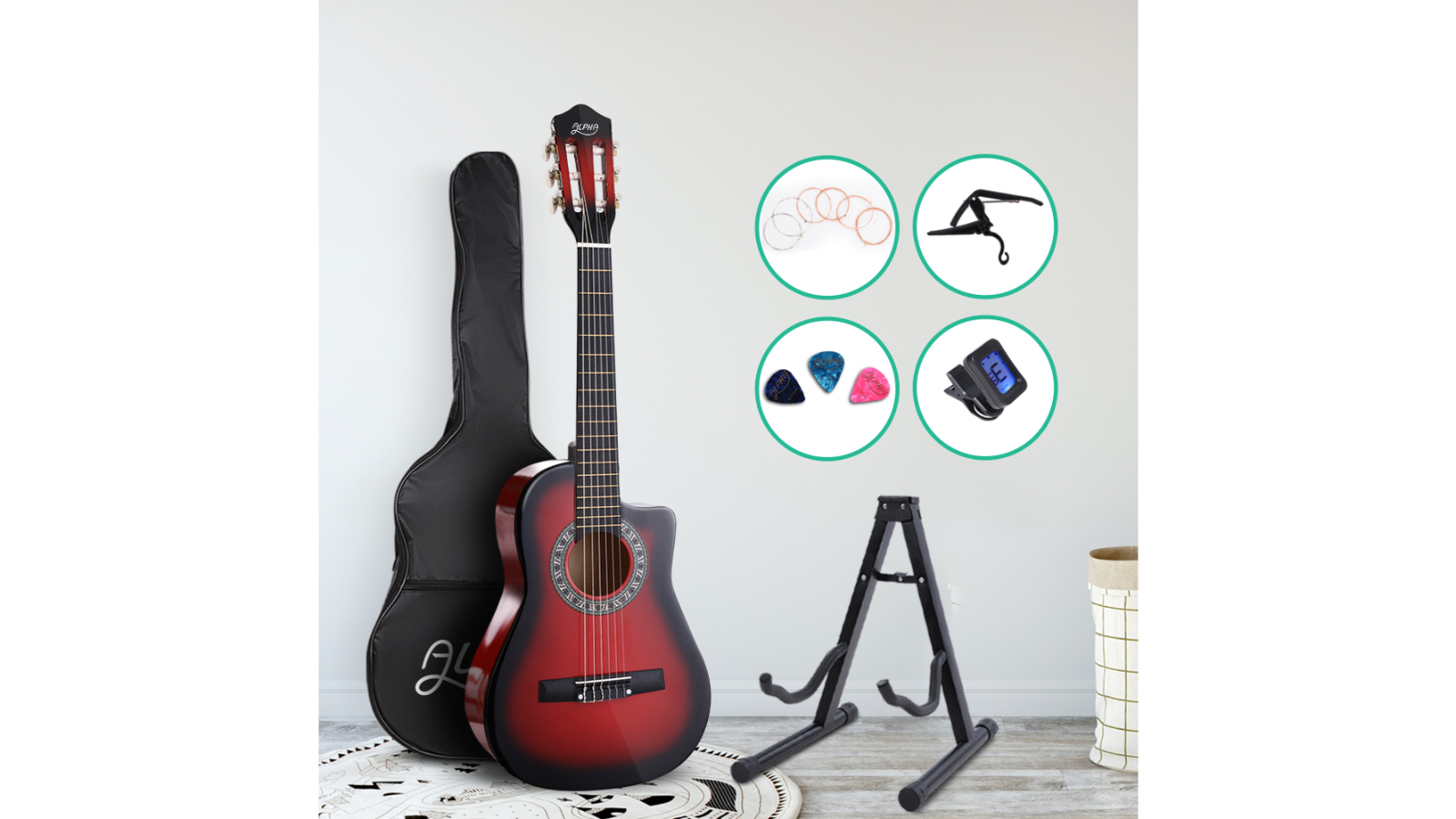 Alpha 34-inch Child Acoustic Guitar + Capo - Red | Harvey Norman