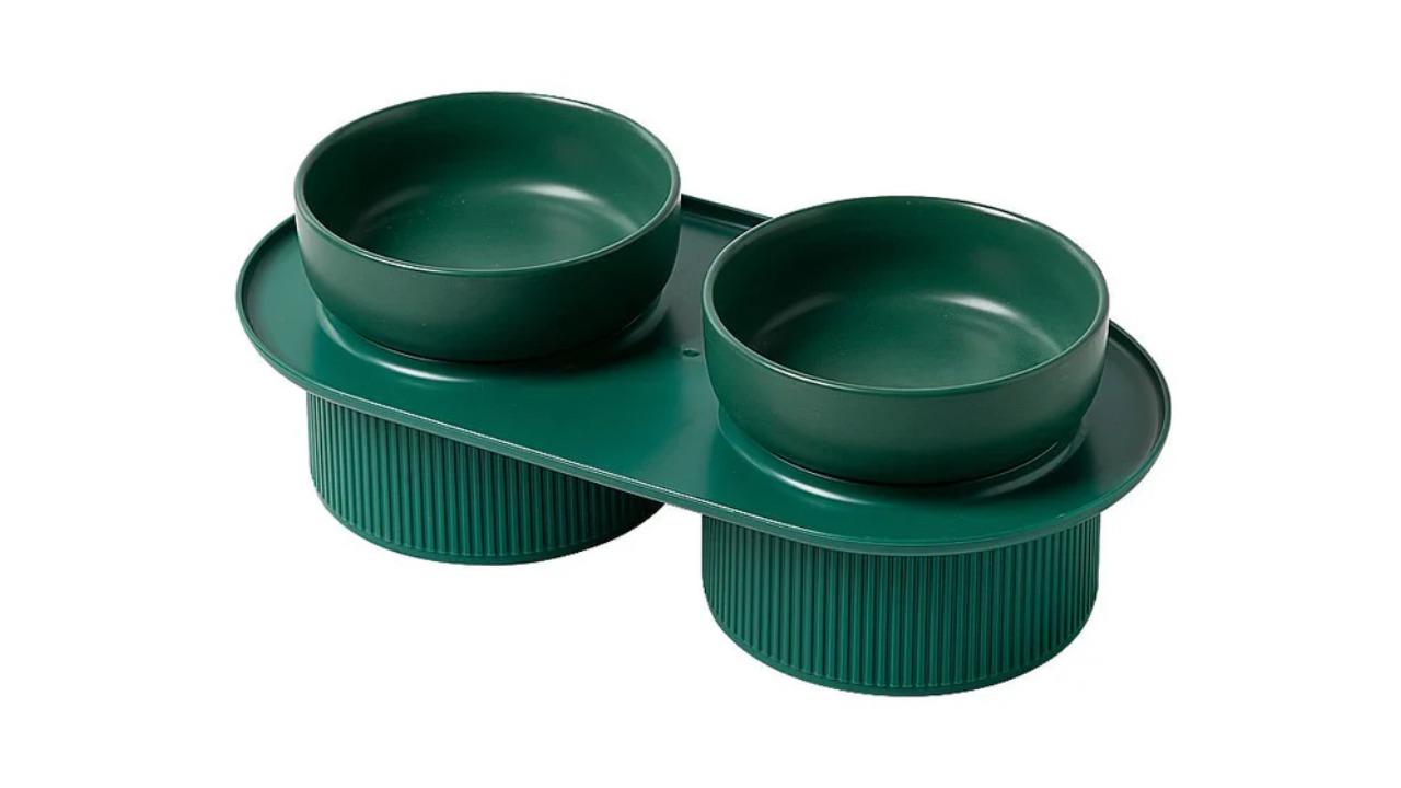 Housepets 3 Piece Ribbed Ceramic Double Pet Bowl Set - Emerald | Harvey ...