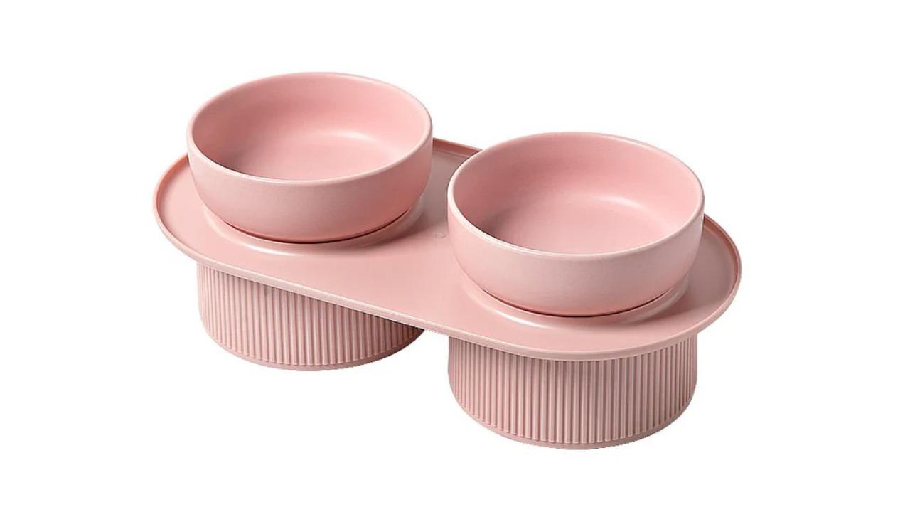 Housepets 3 Piece Ribbed Ceramic Double Pet Bowl Set - Pink | Harvey Norman