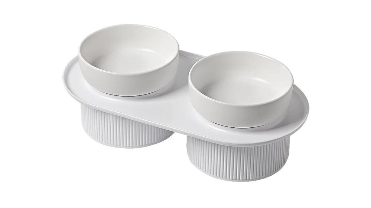 Housepets 3 Piece Ribbed Ceramic Double Pet Bowl Set - White | Harvey ...