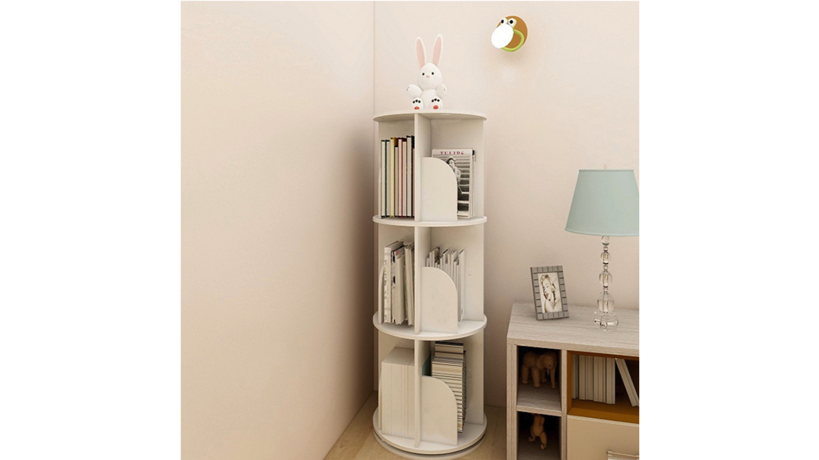 HelloDeal 4-Tier White Versatile Rotating Round Wooden Bookshelf ...