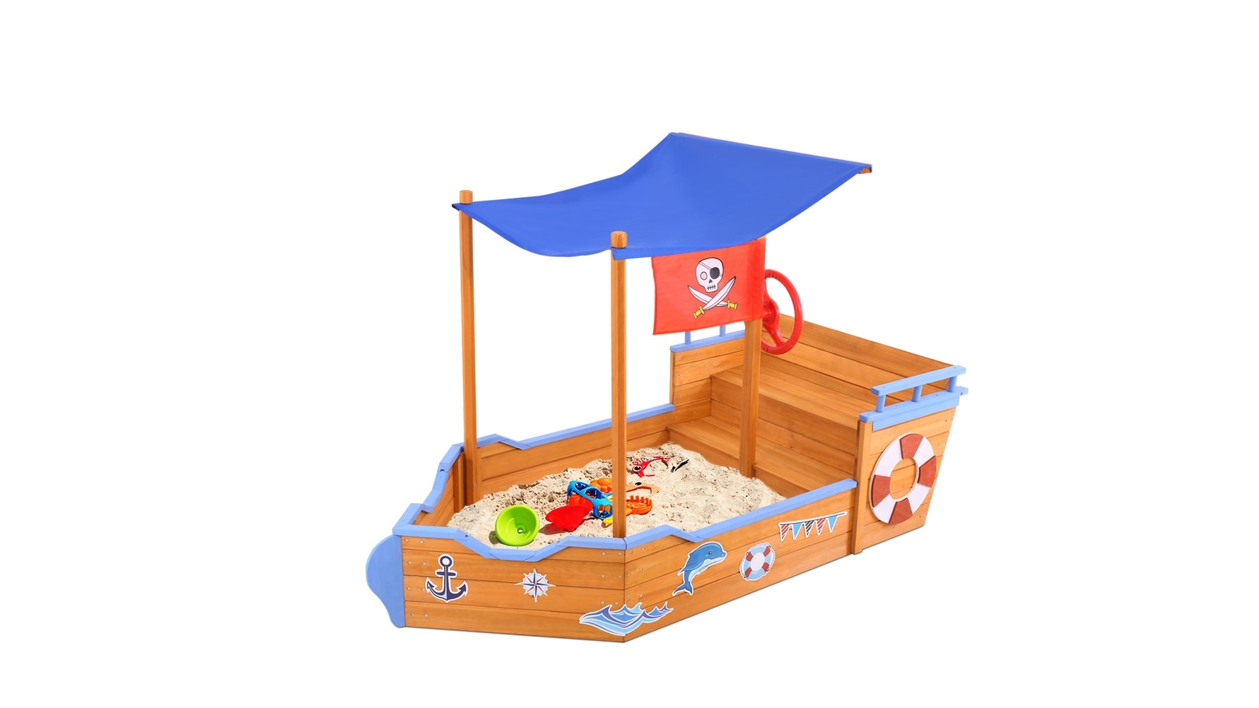Keezi Sandpit Boat with Canopy - Natural Wood | Harvey Norman