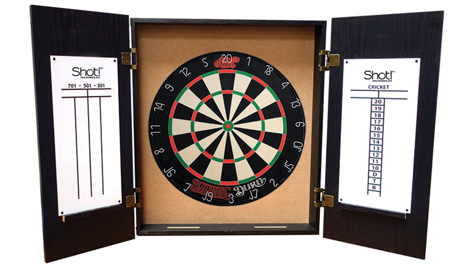 Shot Darts Bandit Duro Bristle Dartboard + Quantum Dart Board Cabinet ...