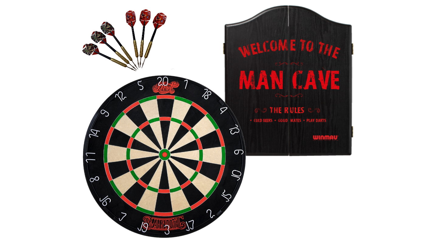 SHOT DARTS Bandit Bristle Dart Board with Winmau Man Cave Dartboard ...