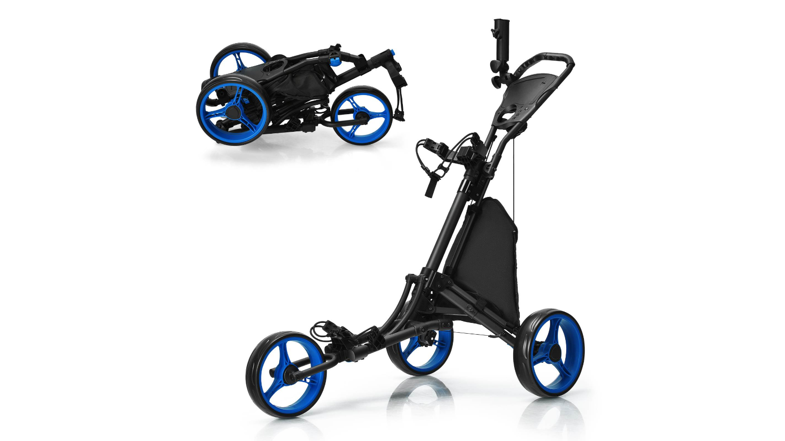 Costway Blue Adjustable 3-Wheel Golf Club Push Cart with Storage Bag ...