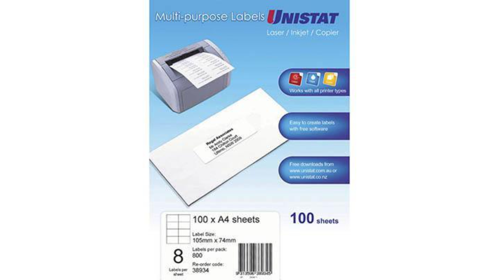 Unistat 38934 Pack of 100 10.5 x 7.4cm 8UP Multi-Purpose Label - White ...