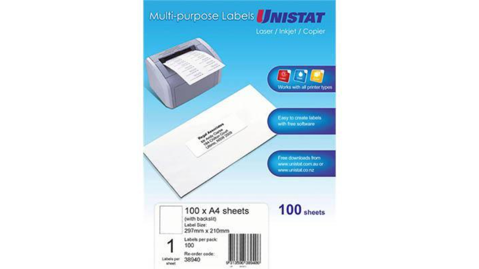 Unistat 38940 Pack of 100 29.7 x 21cm 1UP Multi-Purpose Label - White ...