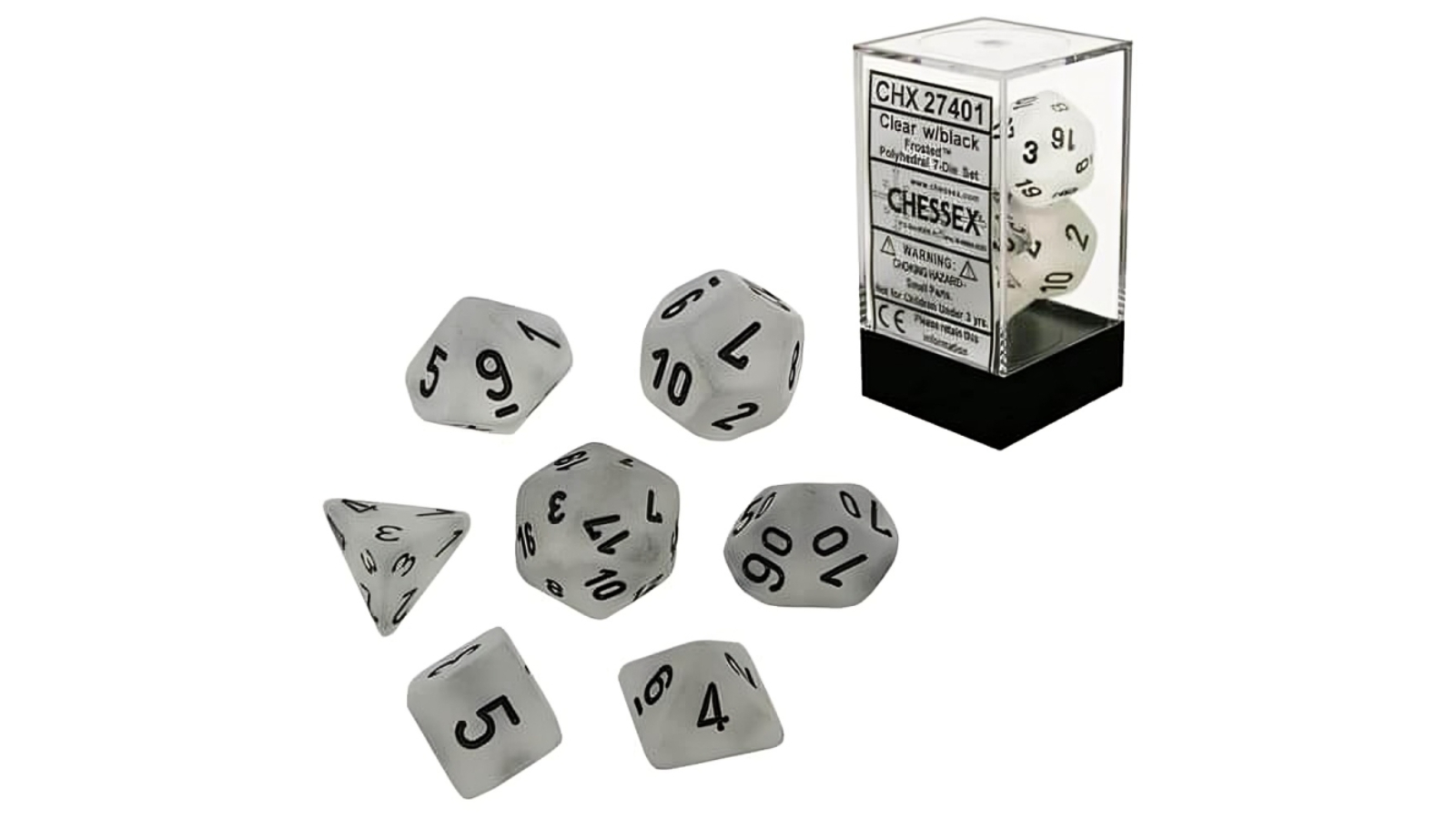Chessex 7 Frosted Poly D7 Dice Die Set - Clear/Black | Harvey Norman