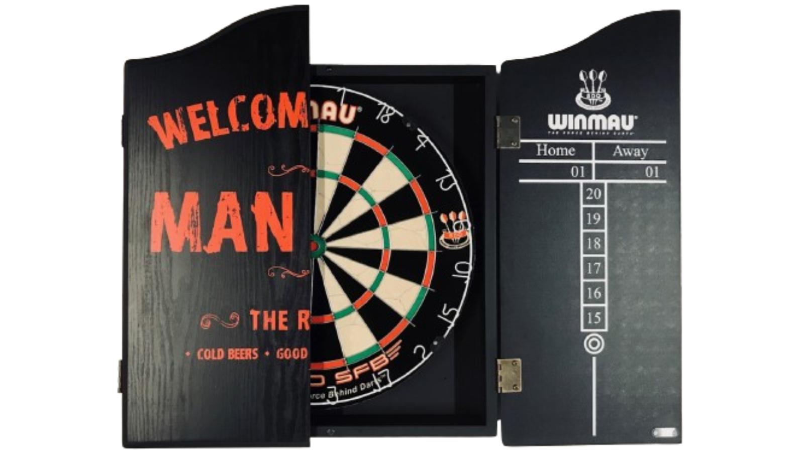 Winmau 6 Piece Dart Man Cave Cabinet Pro SFB Bristle Dart Board Set ...