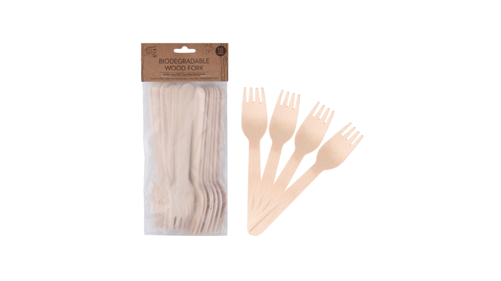 Eco Basics 18 Piece Biodegradable Wood Fork | Harvey Norman