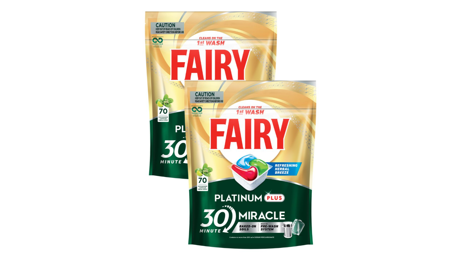 Fairy 2 Piece Platinum Plus Refreshing Herbal Breeze Dishwasher Capsule ...