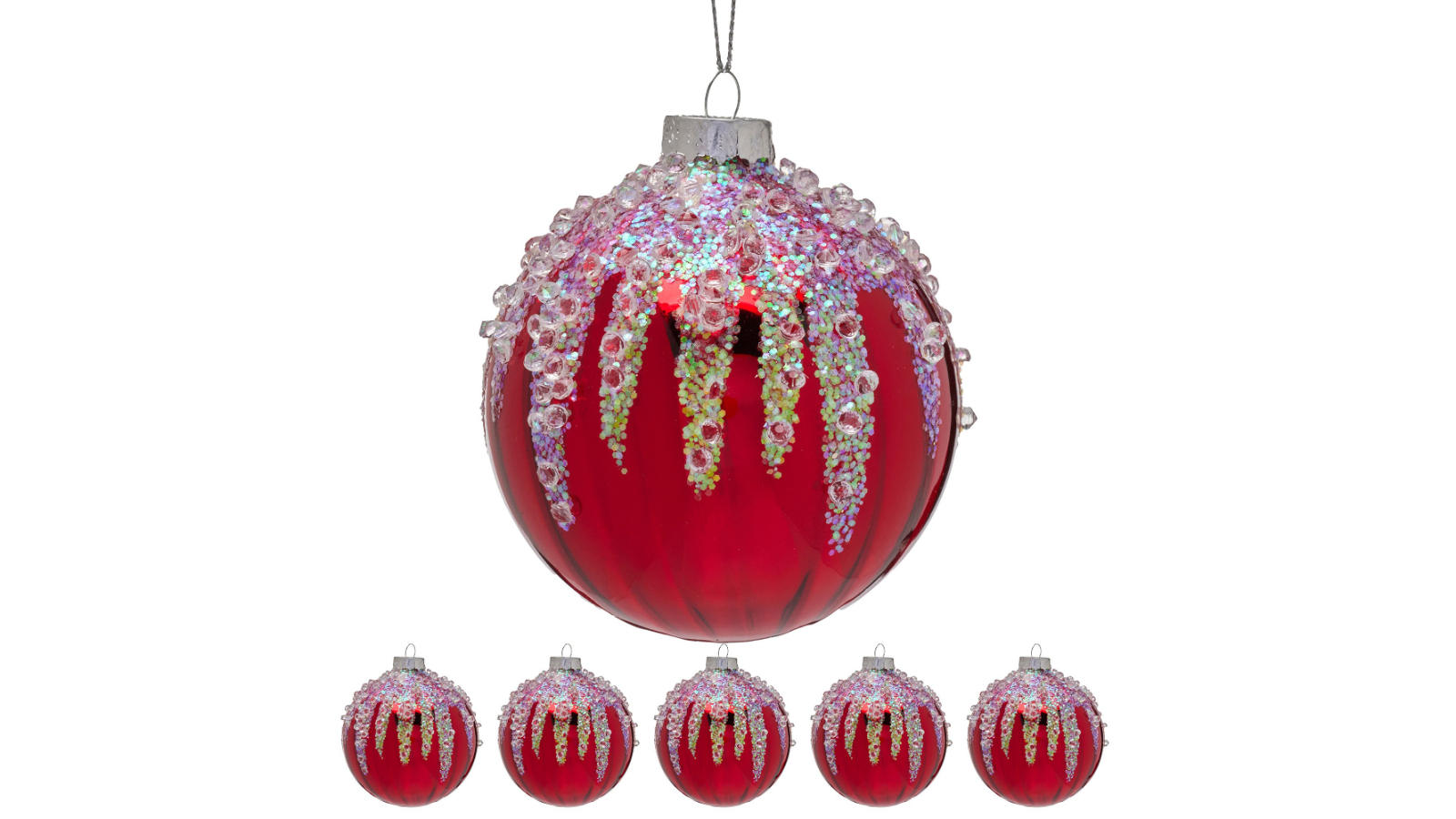 Christabelle 6 Piece Rich Red Glass Baubles with Sequin Frosting ...